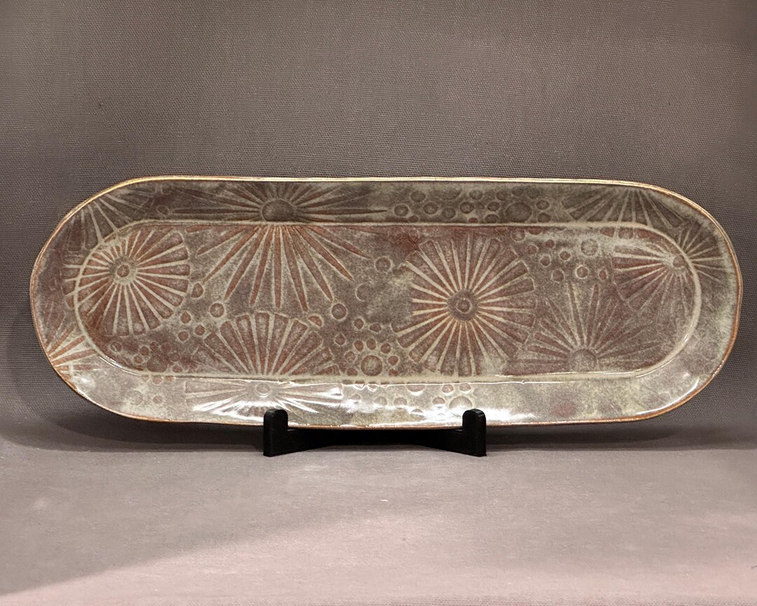 Handmade Ceramic Long Tray, Sunburst Pattern Pottery Dish, Earth Tone ...