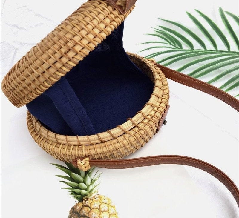 Woven Rattan Bag Handmade Round Straw Shoulder Bag Small Beach | Etsy