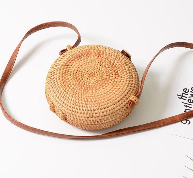 Woven Rattan Bag Handmade Round Straw Shoulder Bag Small Beach | Etsy