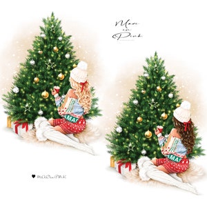 Digital Illustration Fashion Girl Christmas Tree Winter Sweater Winter ...
