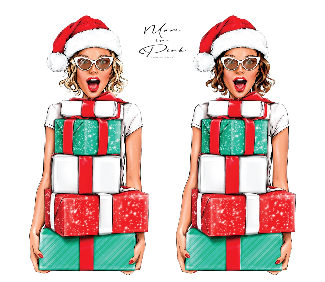 Christmas Clipart Woman in Santa Hat Winter Clipart New - Etsy