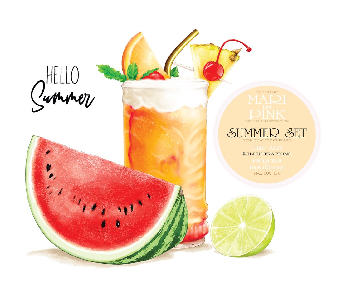 Summer Cocktail, Cocktail Clipart, Watermelon Clipart, Summer Clipart ...
