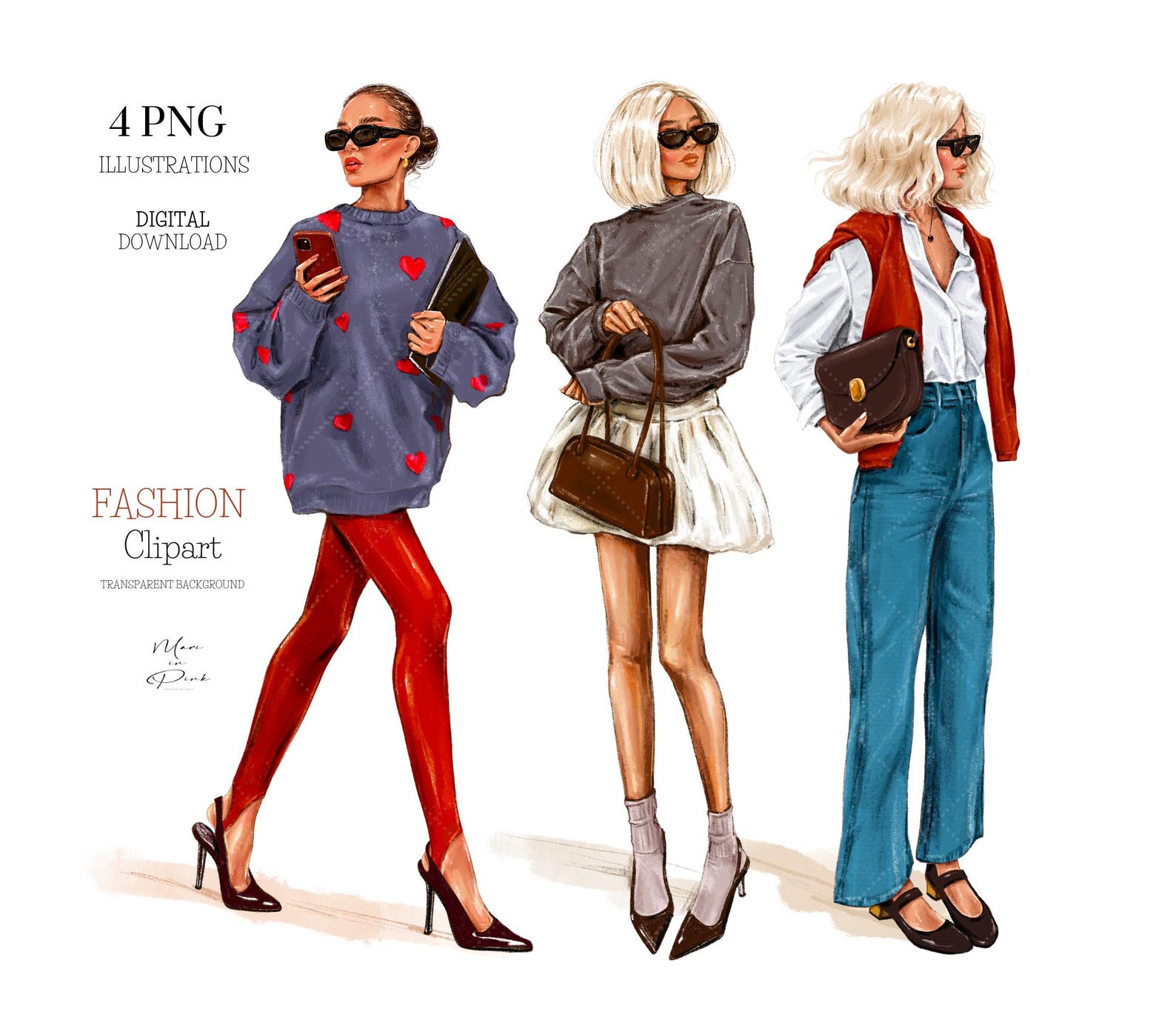 Fashion Girl Clipart: Stylish Women Illustrations (PNG Digital Download ...