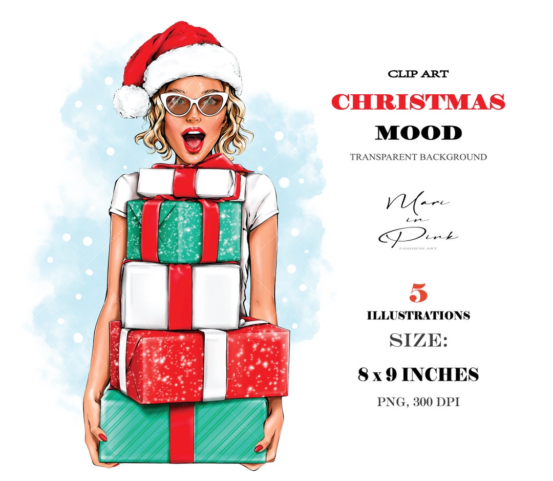 Christmas Clipart, Woman in Santa Hat, Winter Clipart, New Year Clipart ...