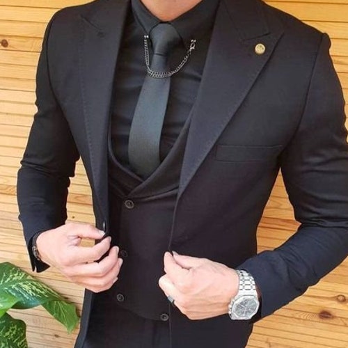 Men Suits Black 3 Piece Slim Fit One Button Wedding Groom Etsy