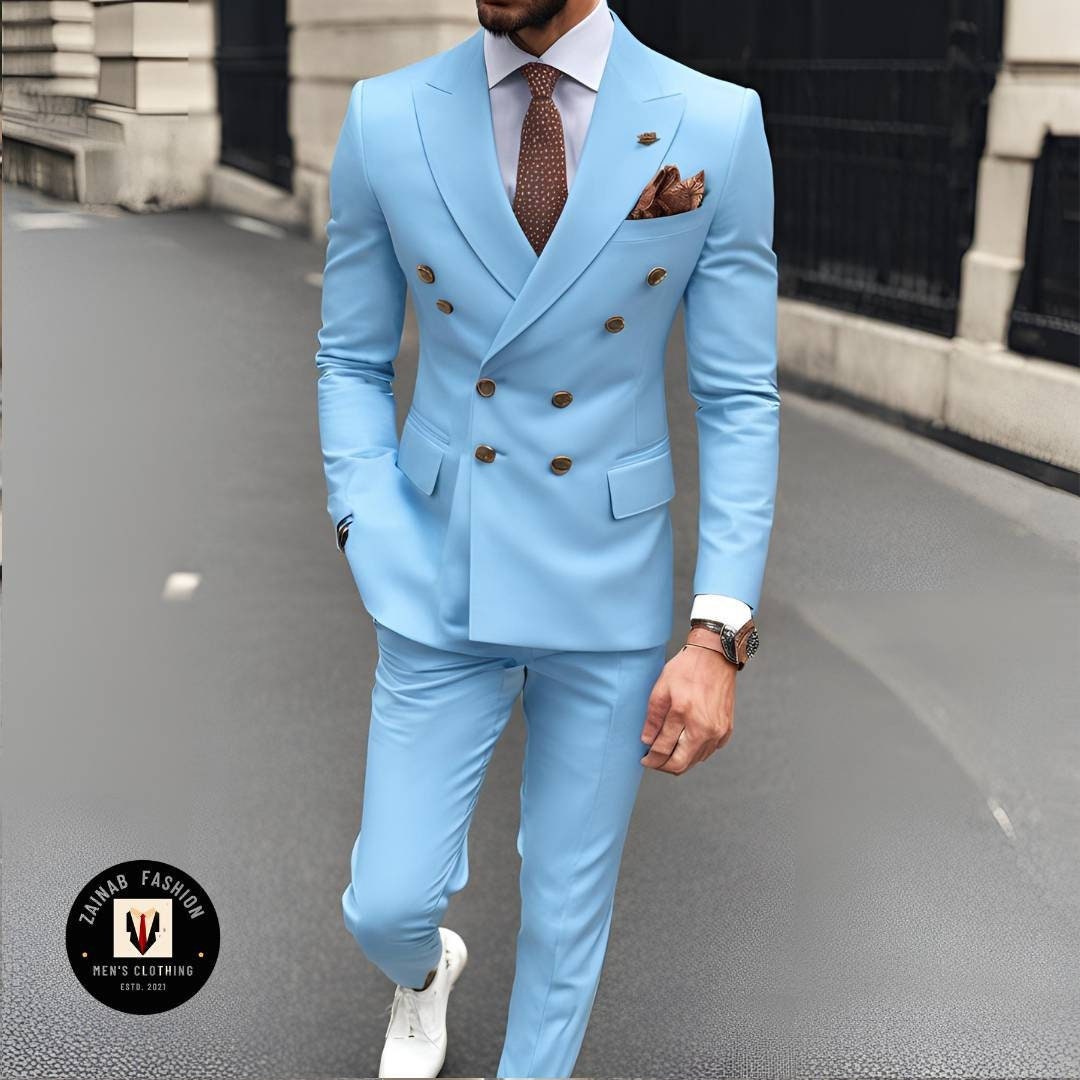 Formal Elegant Stylish Light Blue Double Breasted 2 Piece Suits for Men ...