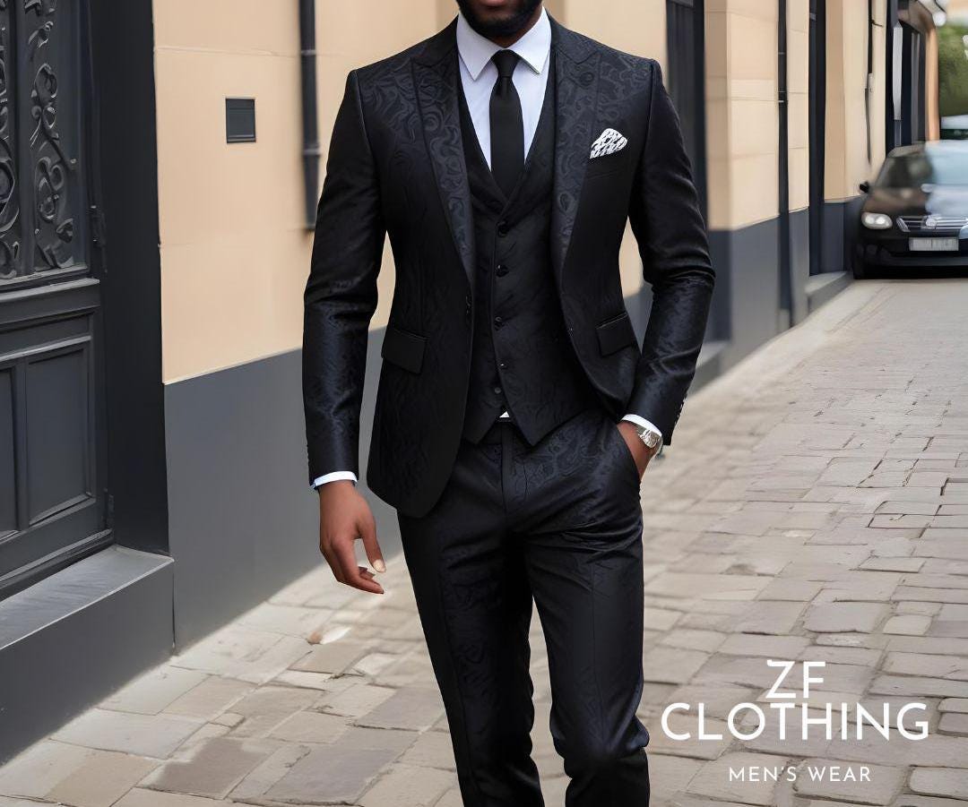 Luxury Men Suits 3 Piece Black Floral Designer Suits Wedding Party ...