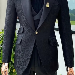 Luxury Men Suits 3 Piece Tuxedo Black Floral Texture Style Suits ...