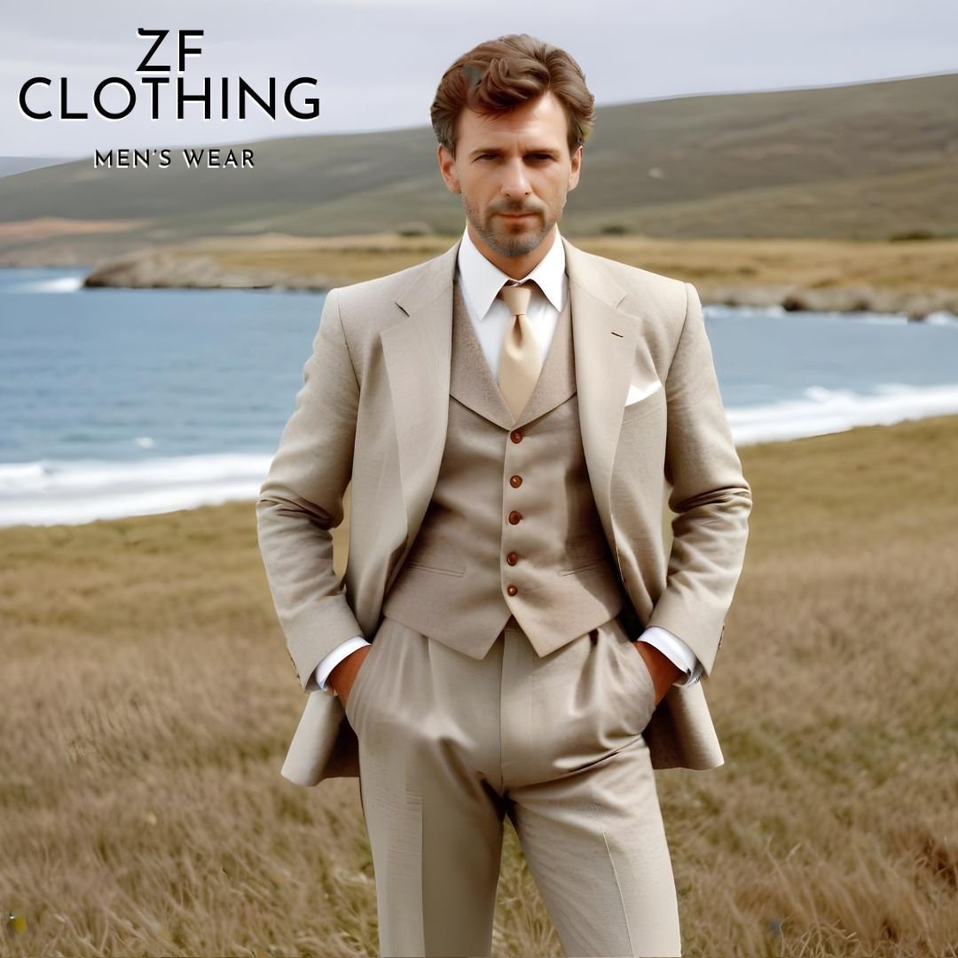 Men Linen Suits, Men Suits, Brown 3 Piece Line Suits, Two Button Linen ...