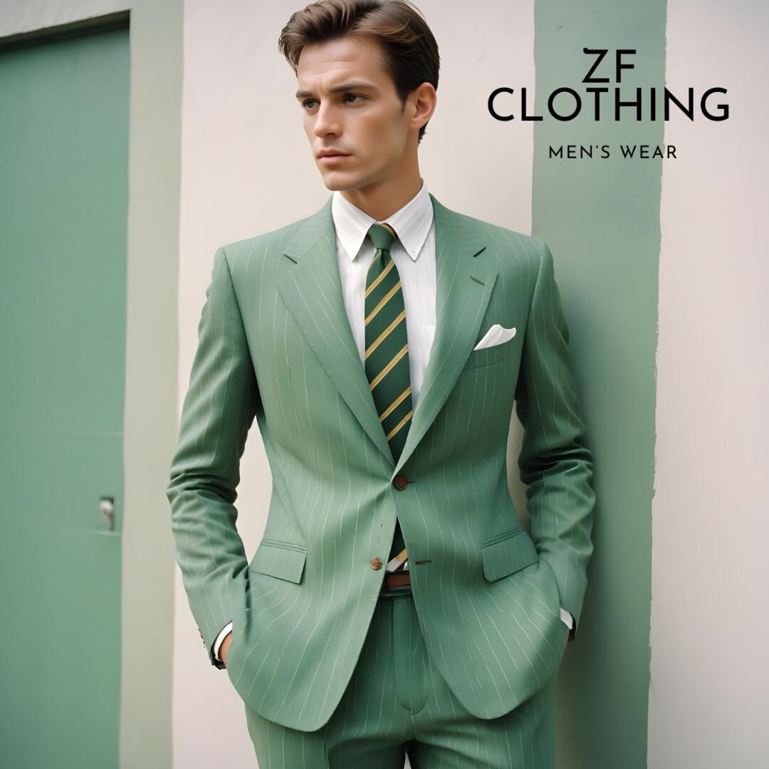 Men Suits -formal Stylish- Sage Green Striped 2 Piece Suit - Classic ...