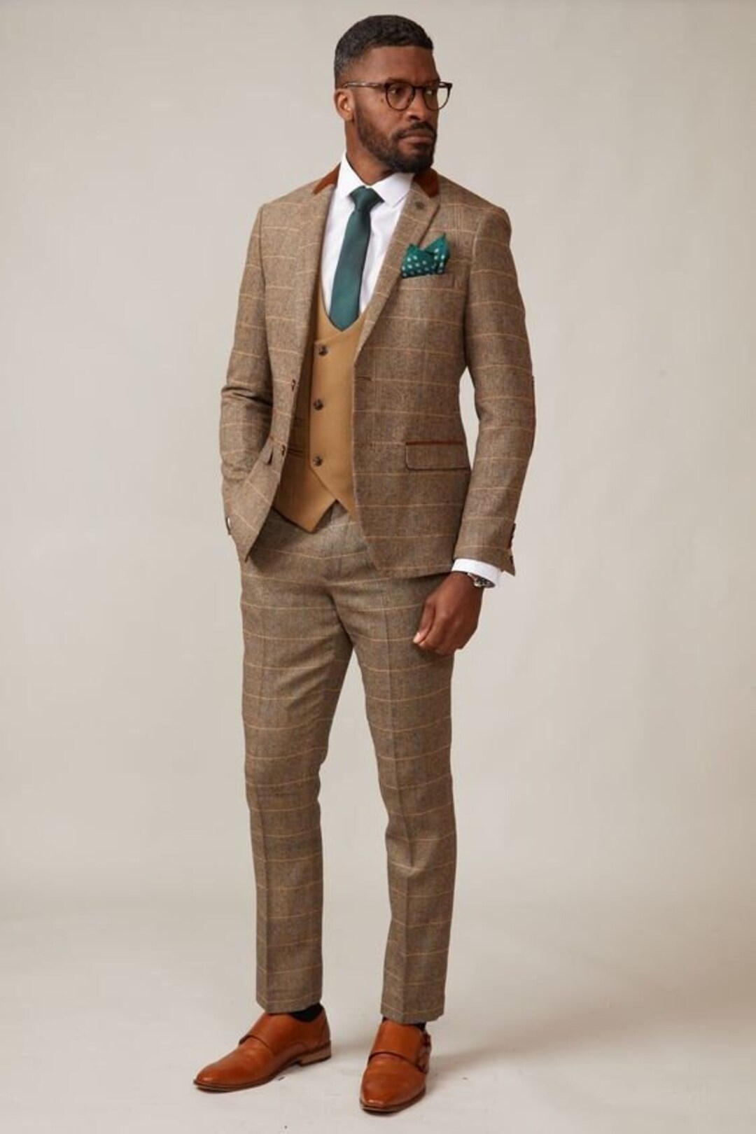 Luxury Men Suits Brown Plaid Mustard 3 Piece Slim Fit Elegant Formal