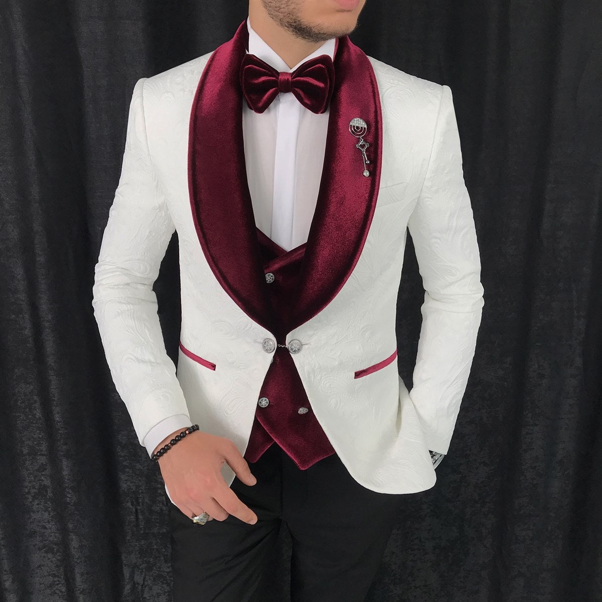 White And Red Tuxedo Wedding