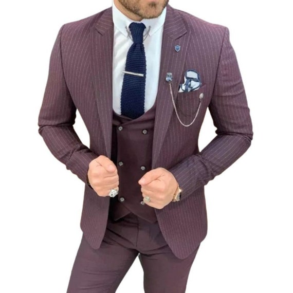 Luxury Men Suits Striped Burgundy 3 Piece Slim Fit Elegant - Etsy