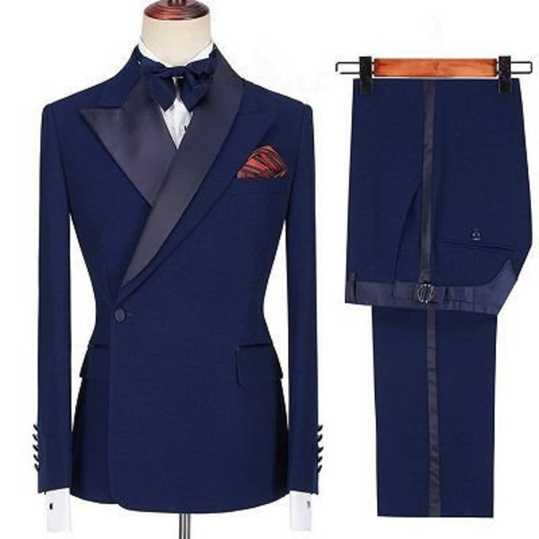 Luxury Men Suits Dark Blue 2 Piece Super Breasted Blue Satin Lapel Slim ...