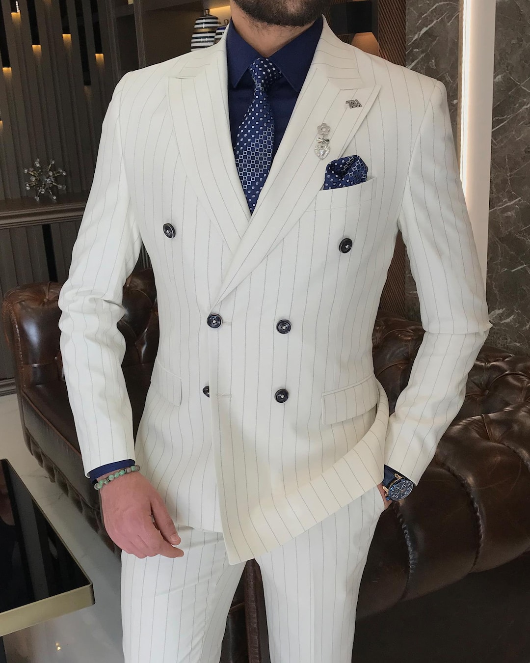 Men Suits White 2 Piece Striped Double Breasted Slim Fit Elegant Formal ...