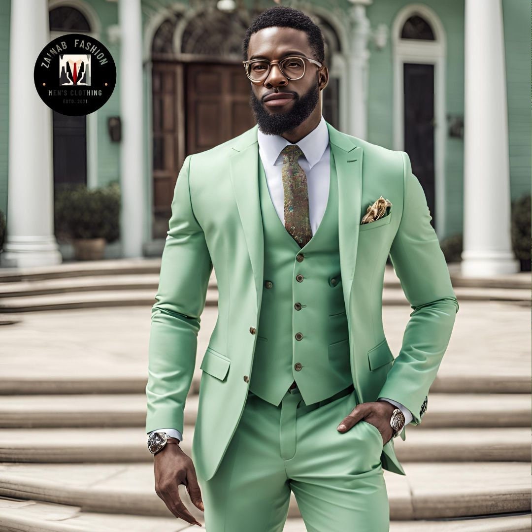 Men Suits Designer Tuxedo Sage Green 3 Piece Slim Fit Elegant Formal Fashion Suit Groom Wedding ...
