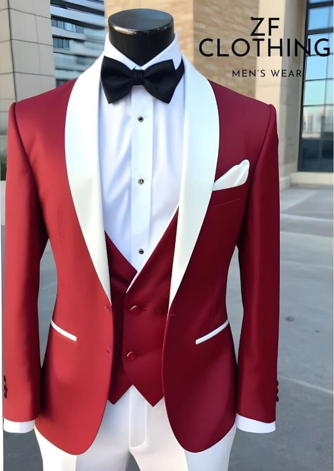 Luxury Men Designer Red and White 3 Piece Suit Formal Fashion Slim Fit ...