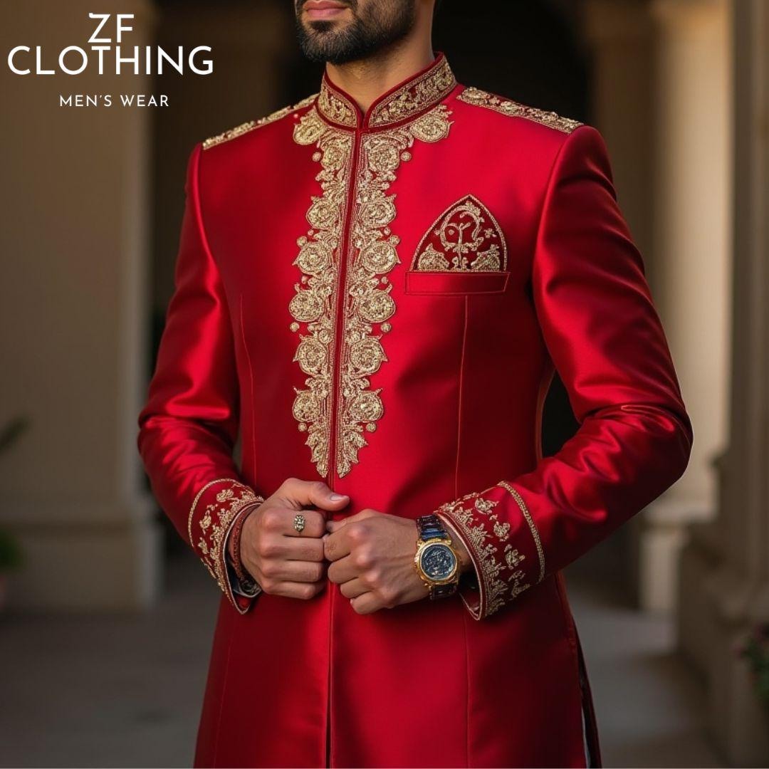 Embroidered Indian Wedding Sherwani: Red & Gold Ethnic Groom Suit - Etsy