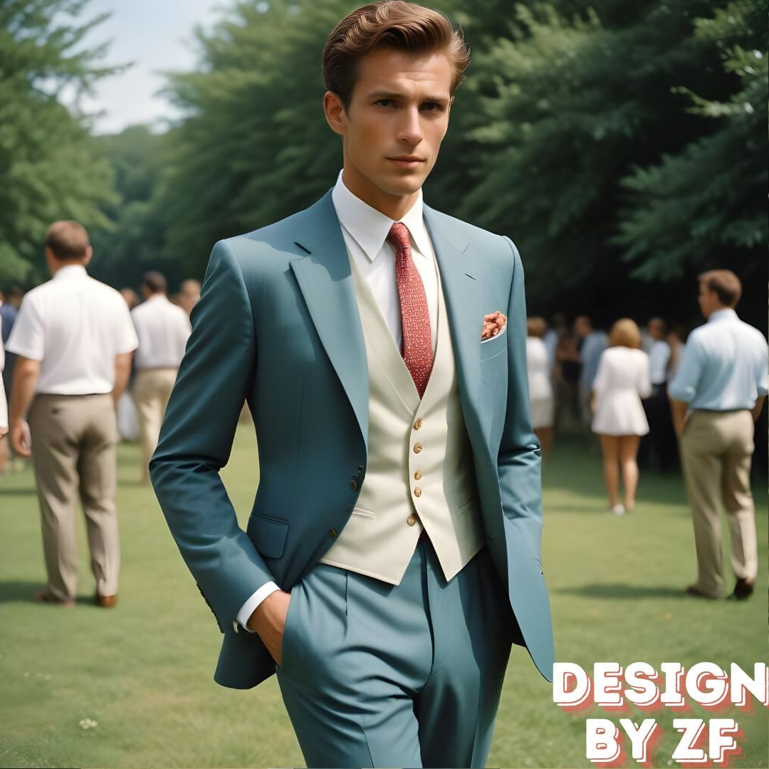 Men's Suits Formal Elegant Stylish Light Blue 3 Piece Ivory Vest Suits ...