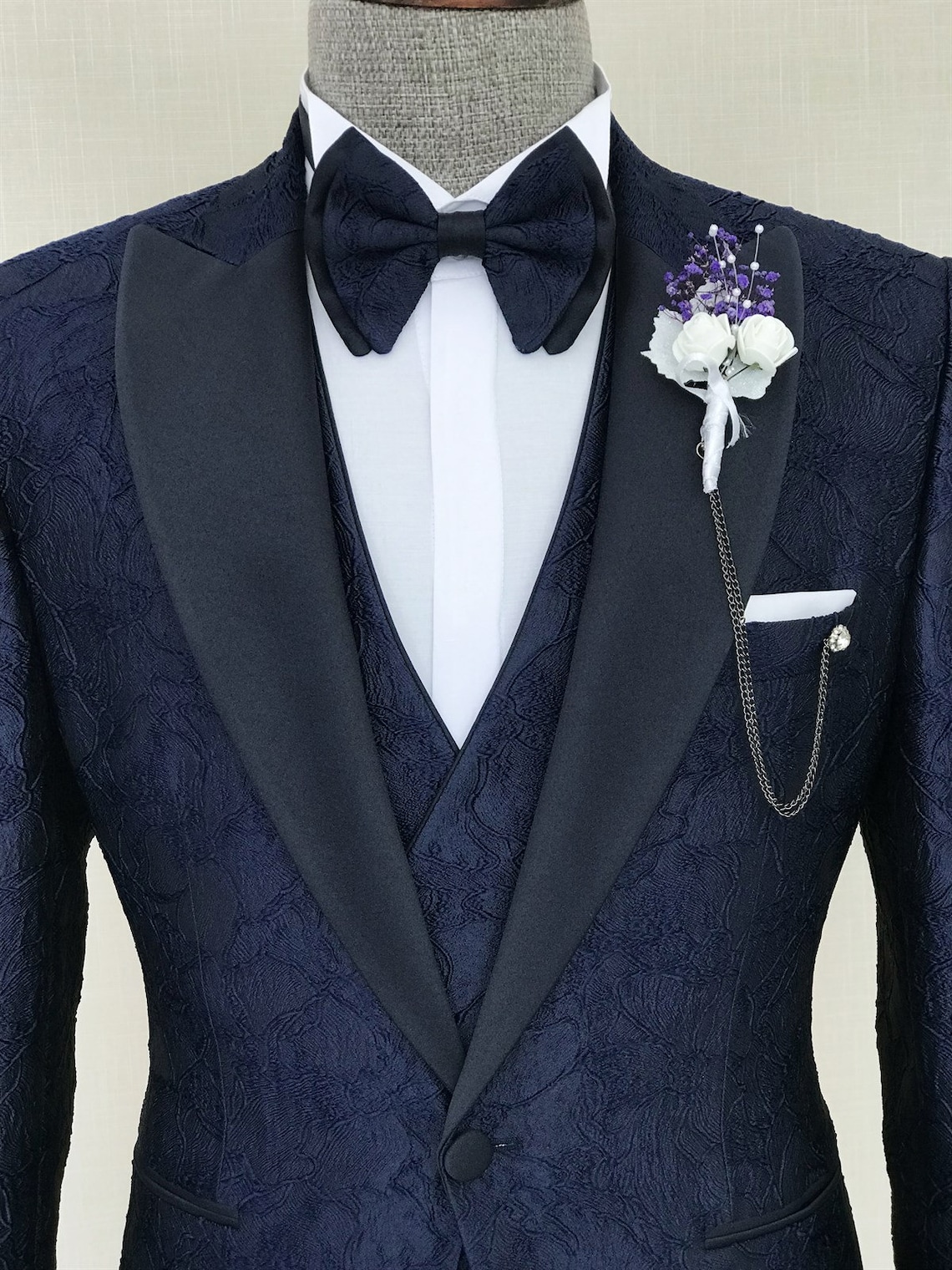 Luxury Designer Tuxedo Men Suits 3 Piece Dark Blue Floral - Etsy