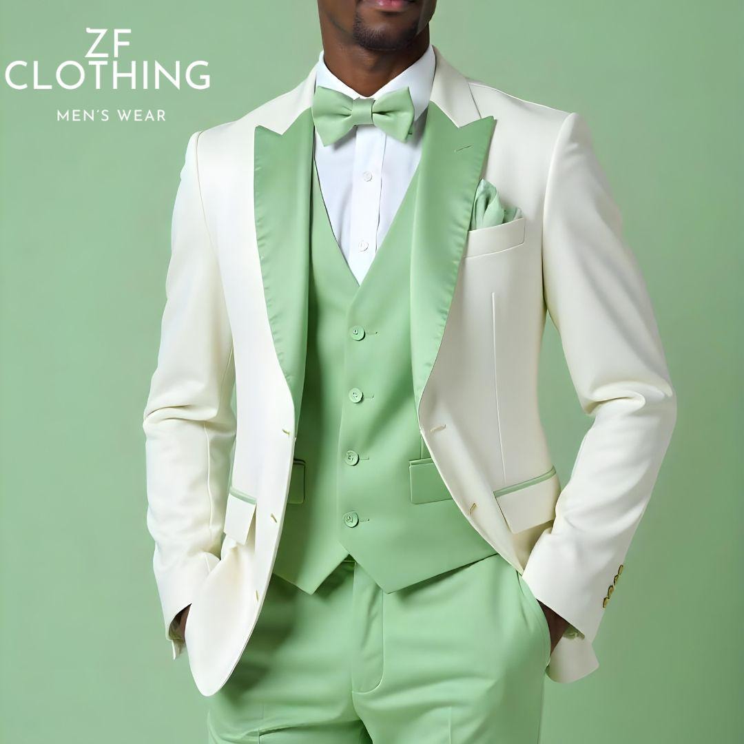 Men's Formal White and Sage Green 3 Piece Suit for Men - Classic Formal ...
