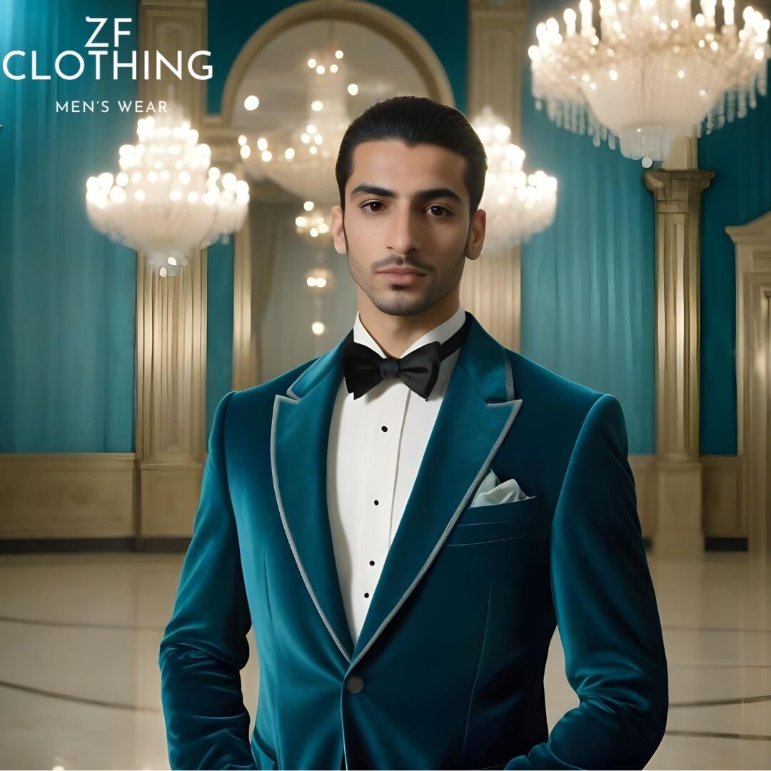 Men Suits Stylish Blue Velvet Grey Piping 2 Piece Tuxedo for Men ...