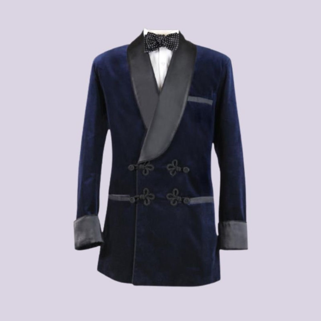 Smoking Jackets Men Blue Velvet Frogging Closure Style Double Breast ...