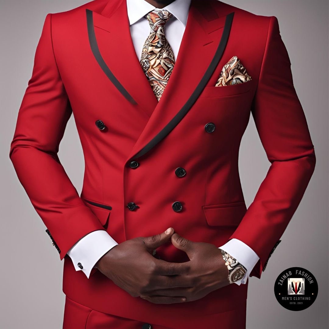 Red Double Breasted Suit With Black Piping: Bespoke 2-piece Suit - Etsy