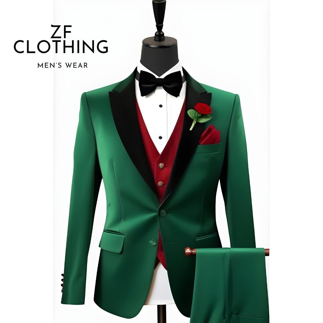 Men Suits 3 Piece Designer Tuxedo Green and Red Style Suits Wedding ...