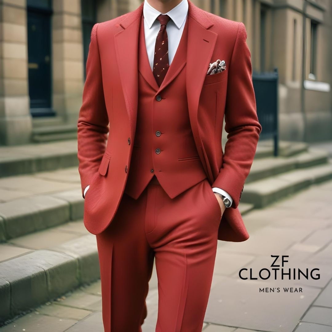 Men Suits 3 Piece , Red Tweed Suits Men, Slim Fit Suits, One Button ...