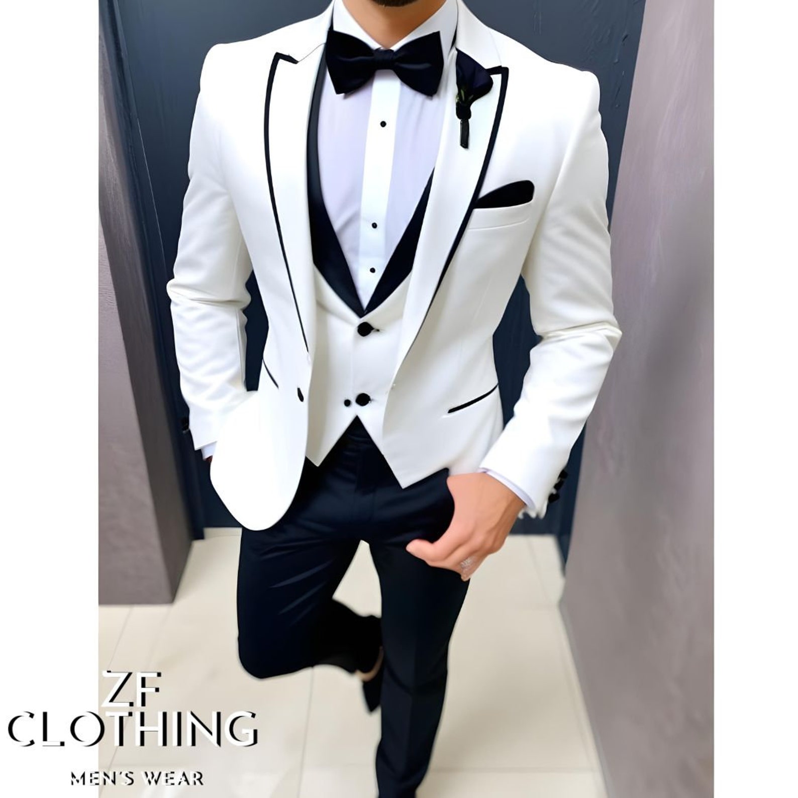 Men's 3-piece Tuxedo: White Suit With Black Lapel - Bespoke Wedding ...