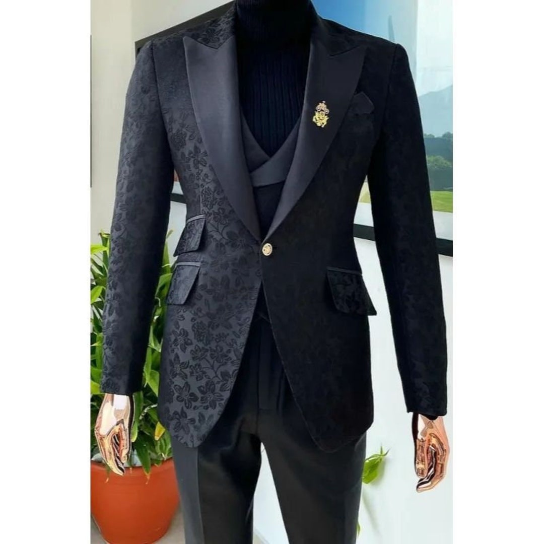 Luxury Men Suits 3 Piece Tuxedo Black Floral Texture Style Suits ...