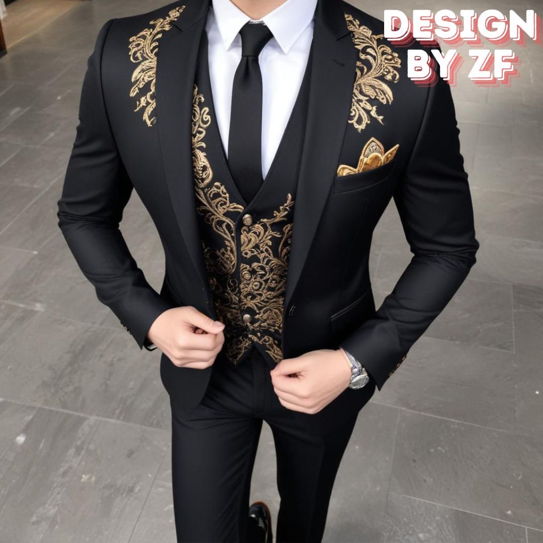 Men Suits Black 3 Piece Brocade Golden Embroidery Suits Slim Fit ...