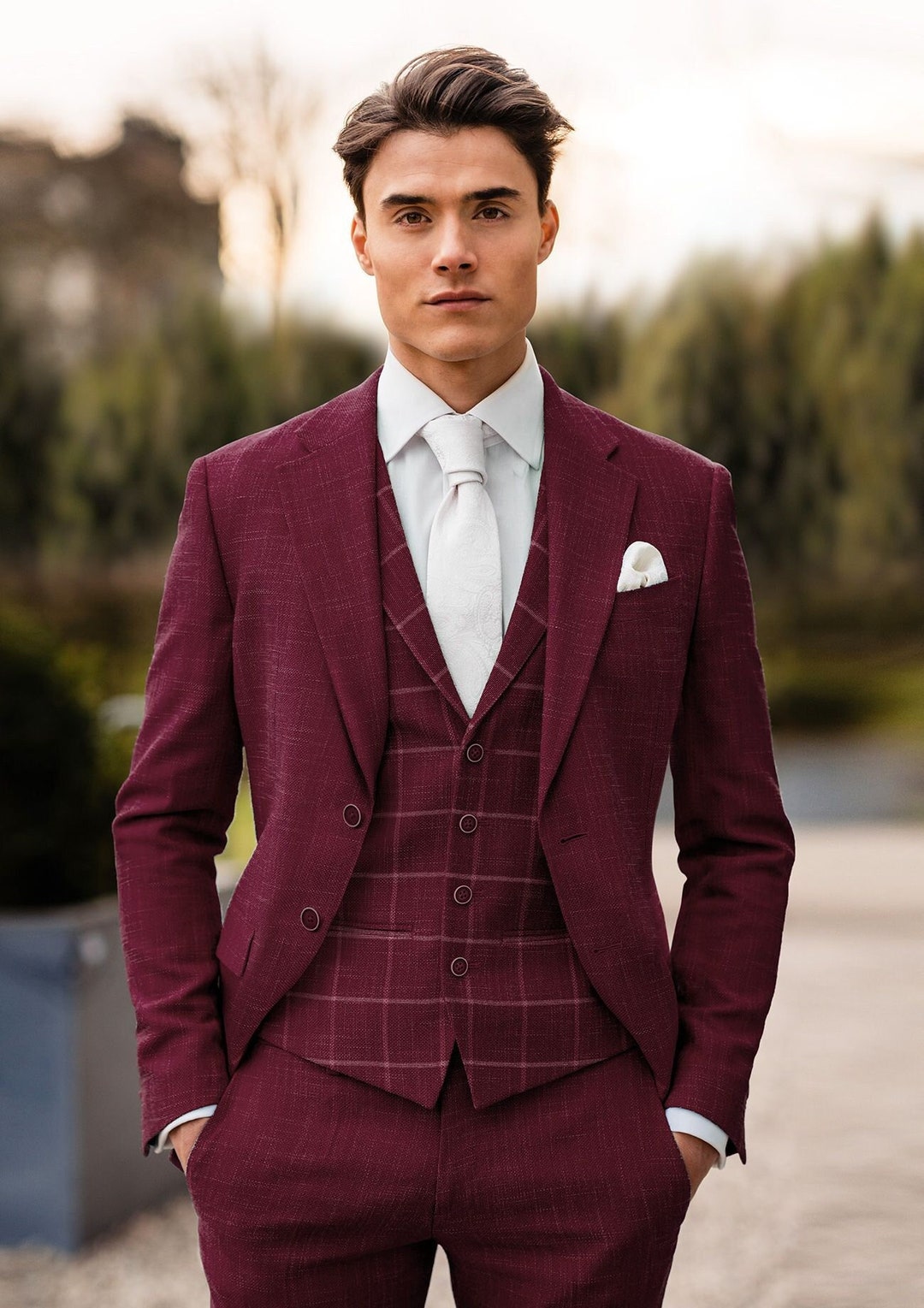 Men Suits Red Linen 3 Piece With Red Plaid Vest Style Suits - Etsy