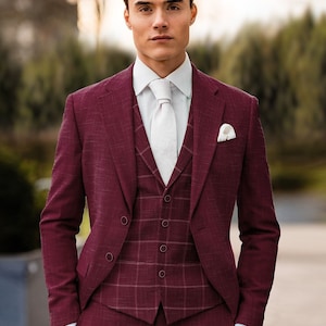 Men Suits Red Linen 3 Piece With Red Plaid Vest Style Suits - Etsy