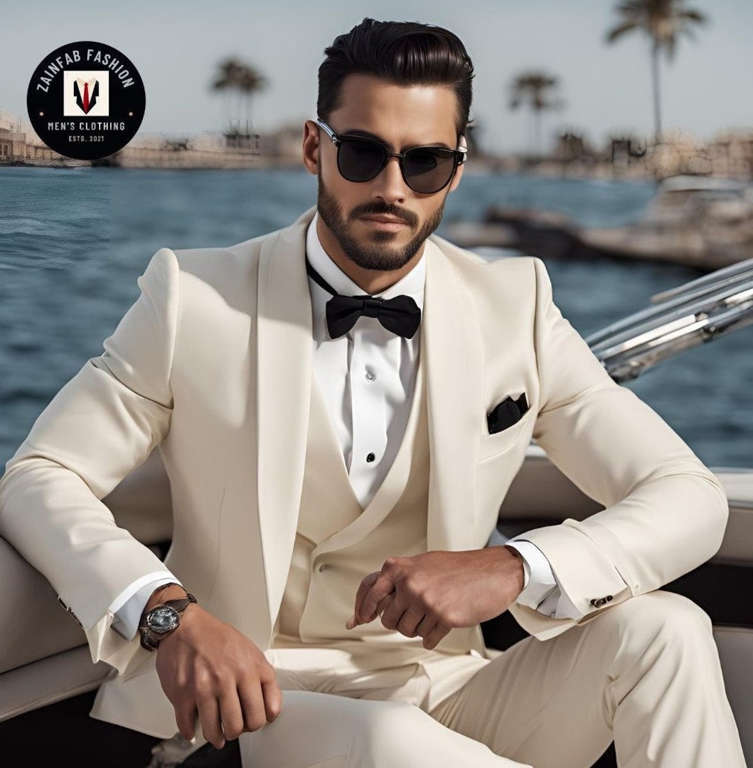 Men Suits Designer Tuxedo Cream 3 Piece Slim Fit Elegant Formal Fashion