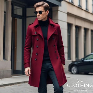 Men's Stylish Trench Coat Burgundy Wool Double Breasted-slim Fit Party ...
