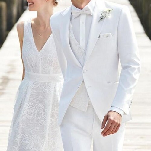 Men Suits White 3 Piece Slim Fit One Button Wedding Groom Etsy