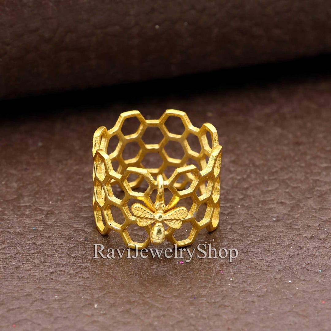 Honeycomb Ring, Hexagon Ring, Honey and Bee Ring, Geometric Rings, Minimal Bee Comb Ring, Brass ...