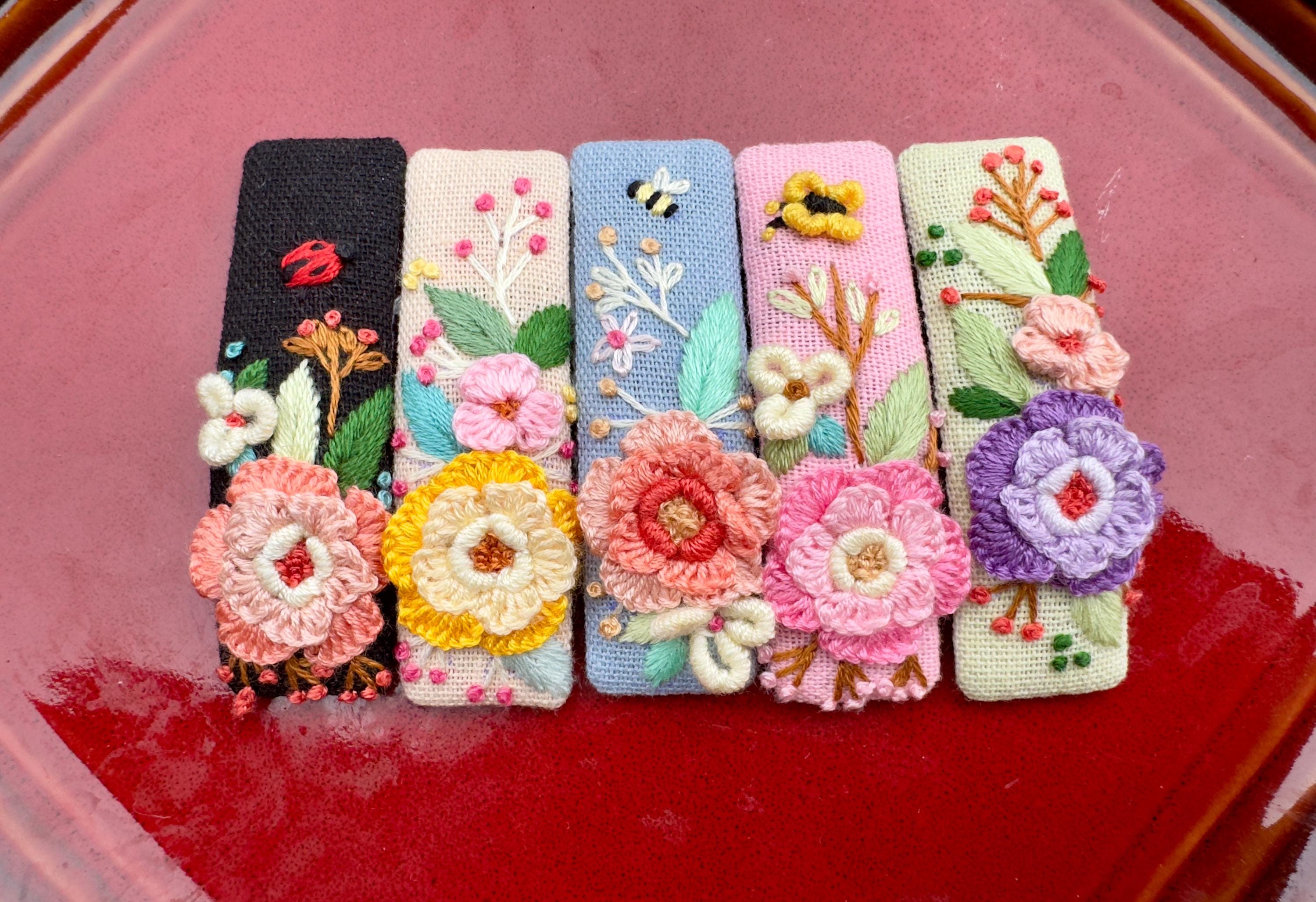 2x Hand Embroidered Hair Barrettes, 3D Embroidered Hair Clip, Flower ...