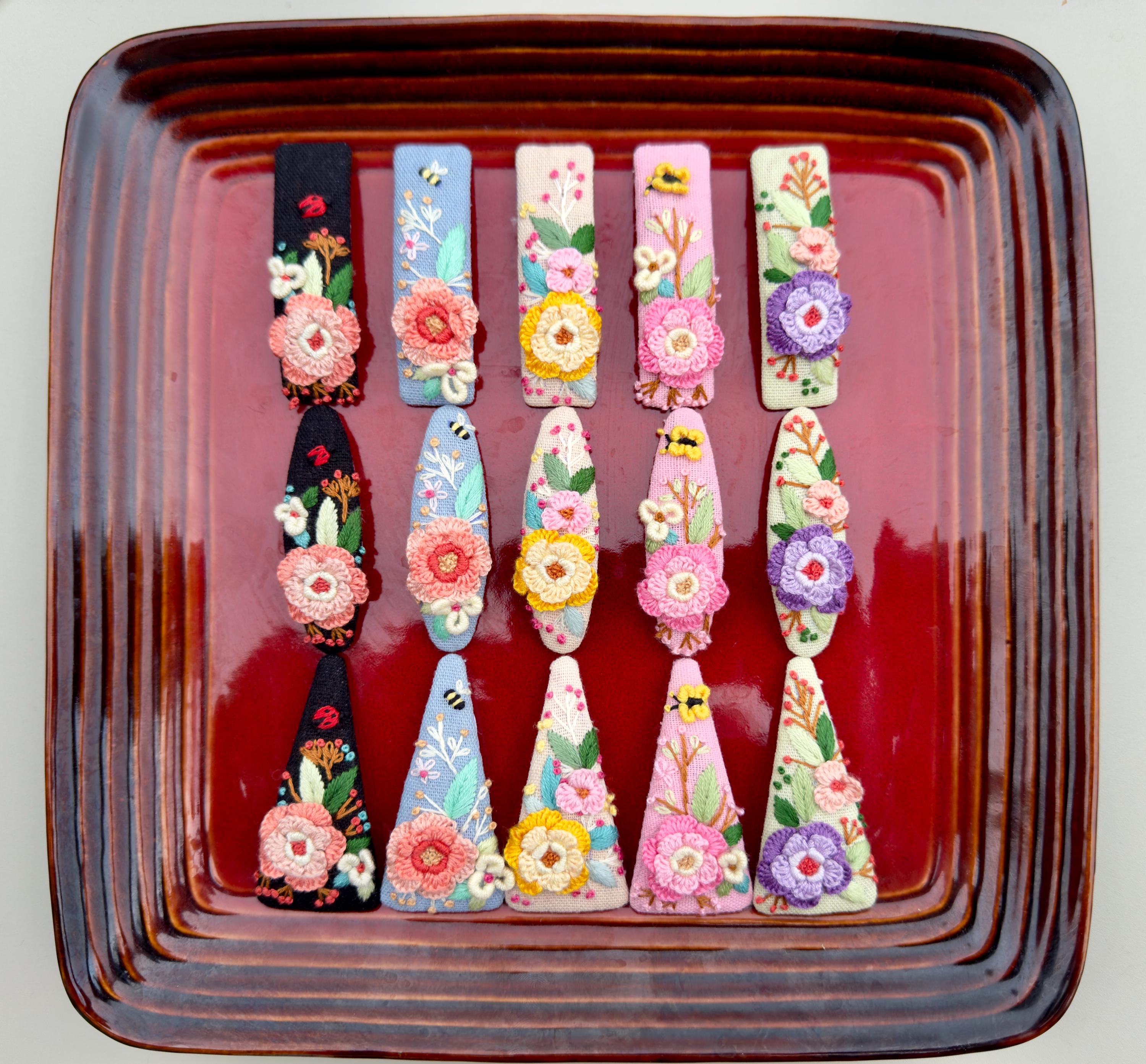 2x Hand Embroidered Hair Barrettes, 3D Embroidered Hair Clip, Flower ...