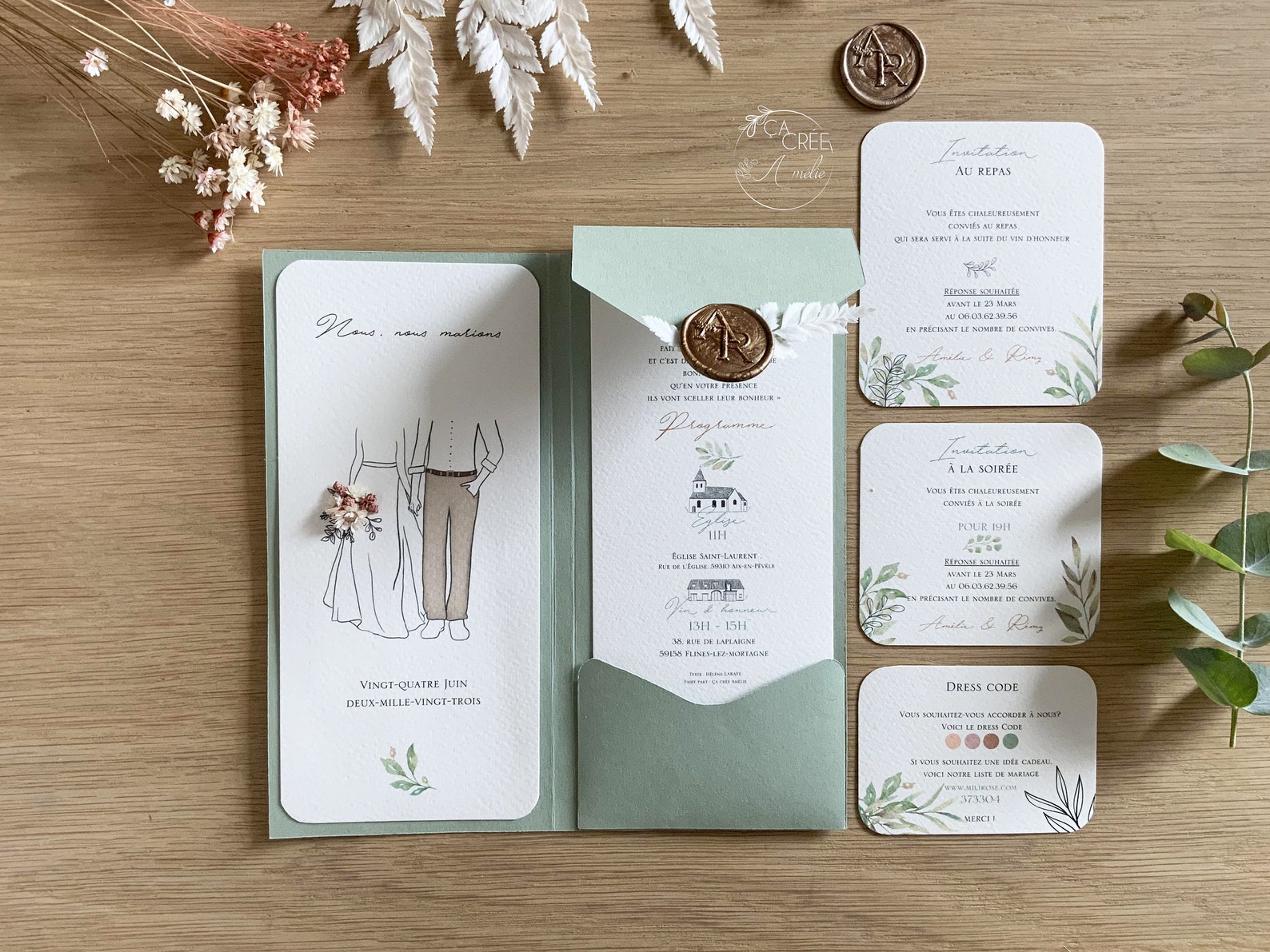 Faire-part mariage pochette vert sauge avec illustration personnalisée ...