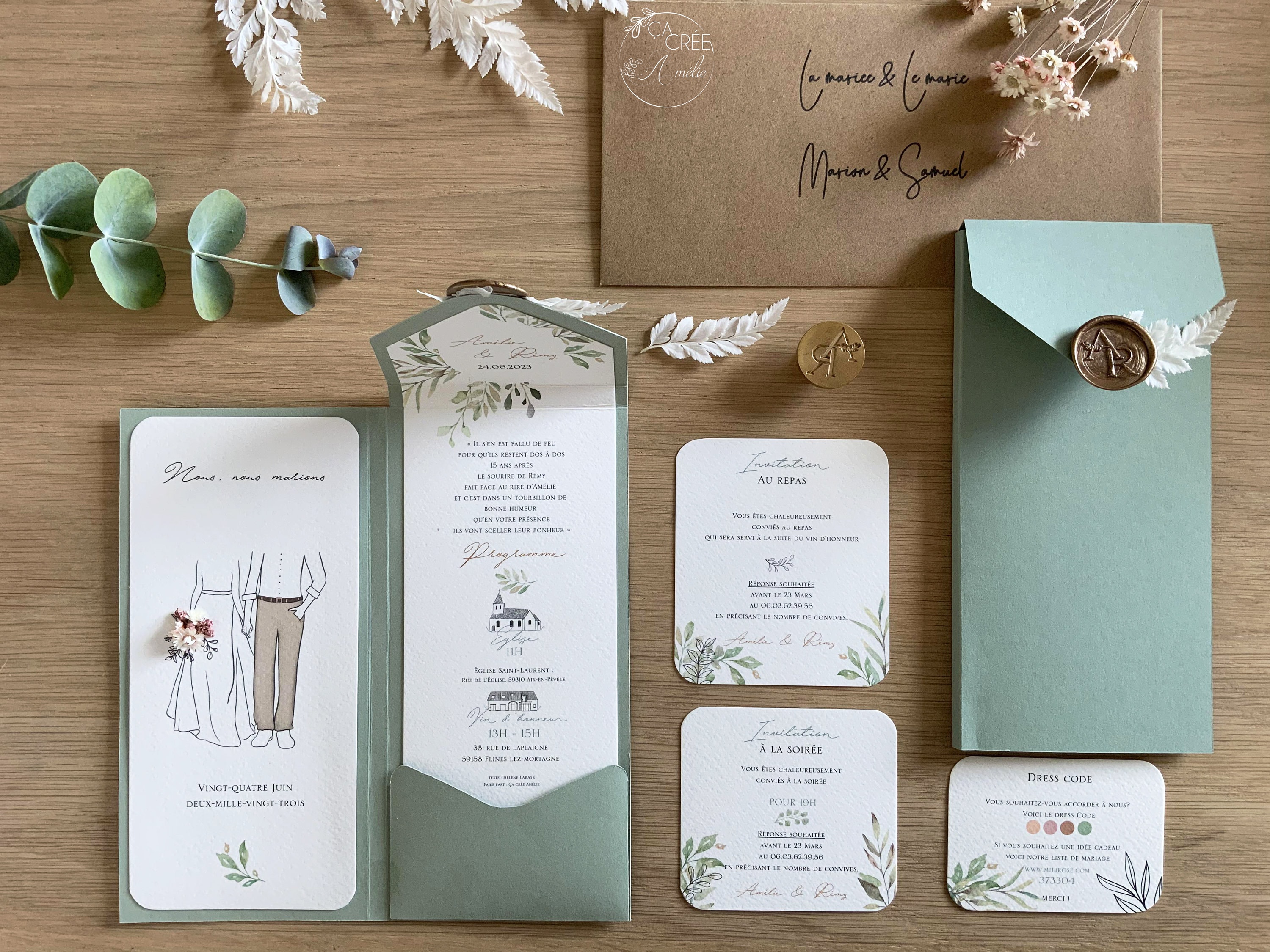 Faire-part mariage pochette vert sauge avec illustration personnalisée ...
