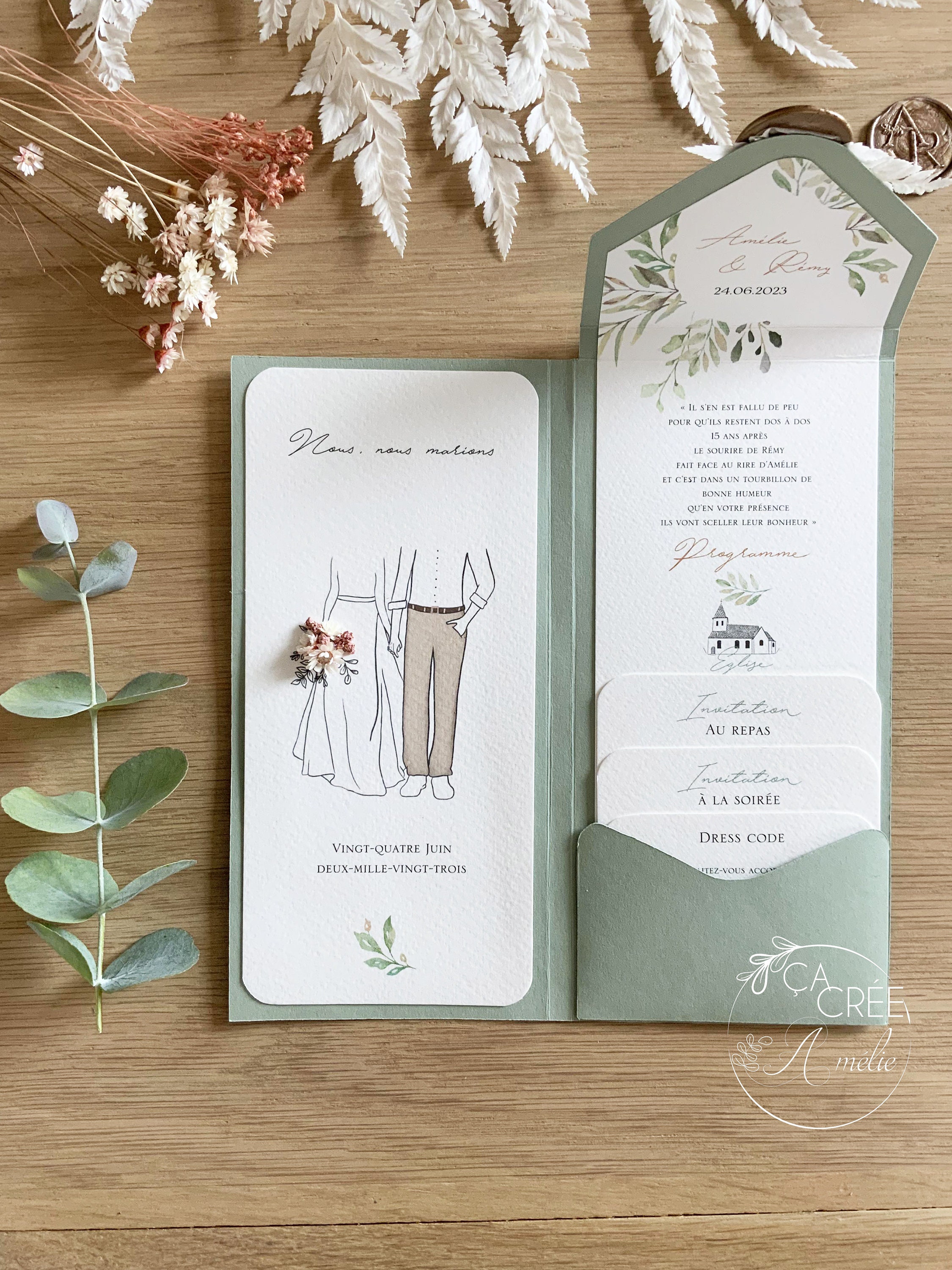 Faire-part mariage pochette vert sauge avec illustration personnalisée ...