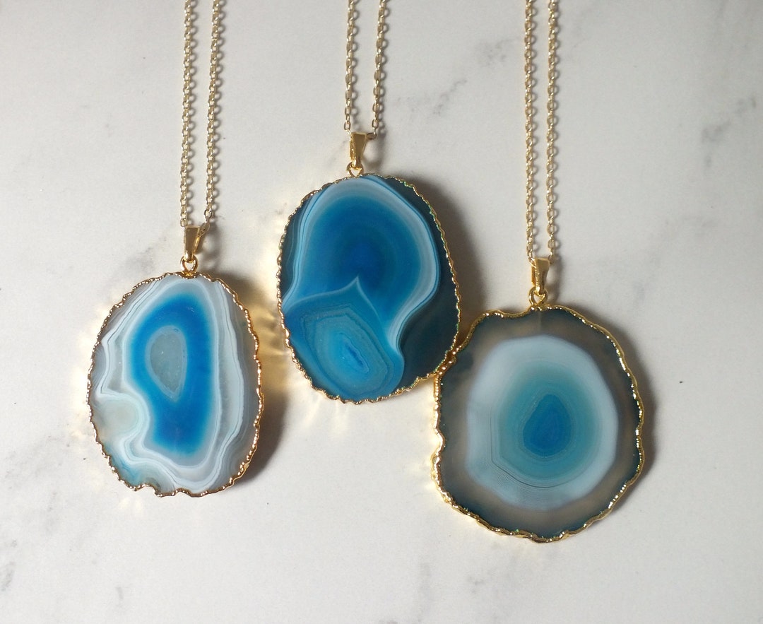 Large Statement Geode Blue and Gold Necklace, Agate Geode Natural ...