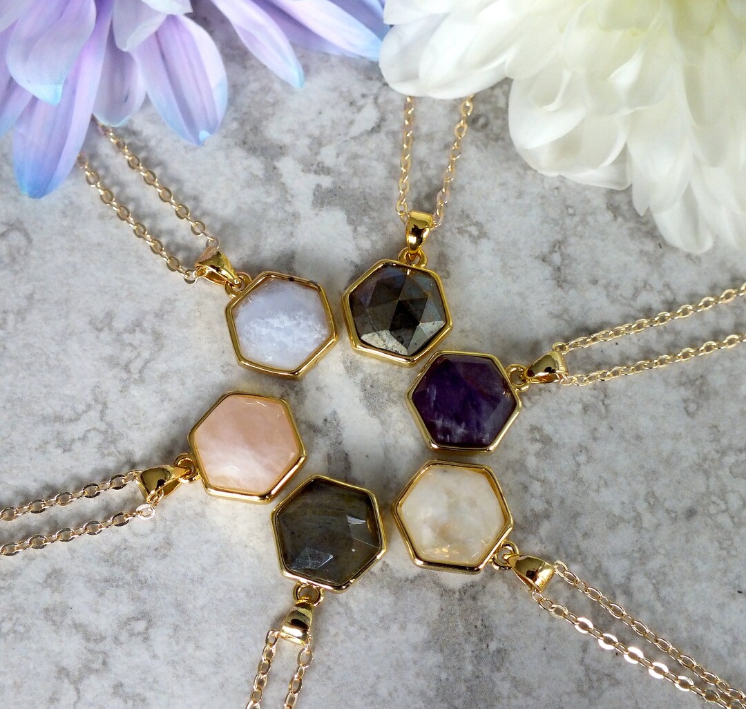 Hexagon Stone Necklace, Dainty Modern Gemstone, Gold Filled or Plated ...