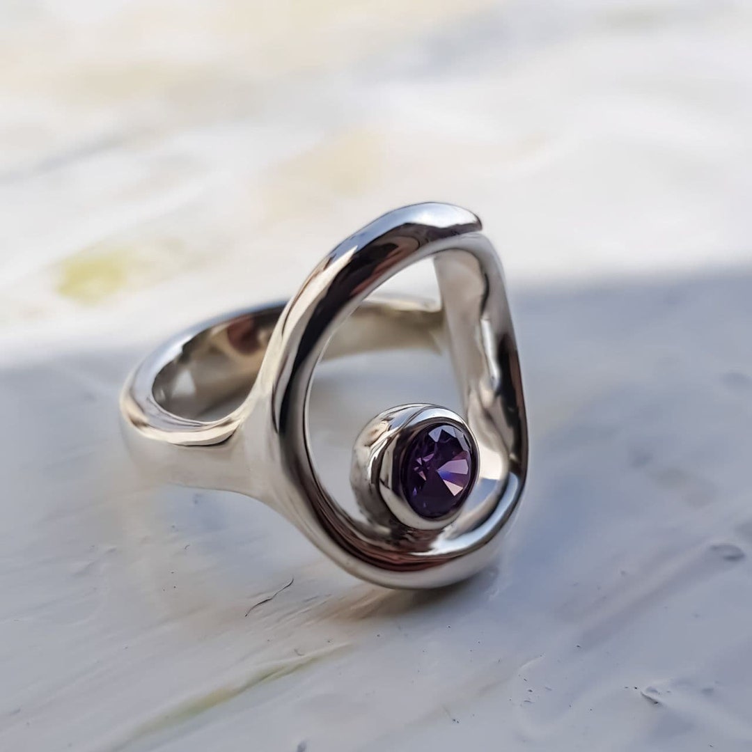 Amethyst Silver Ring. Minimalist Art Jewelry. Open Circle Ring ...