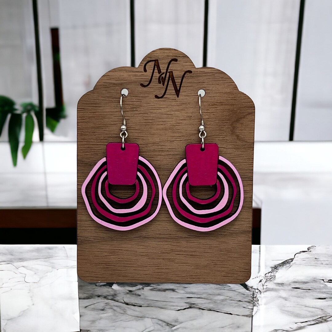 Laser Cut Pink and Light Pink, Wavy Hoop Wood Earrings. Hand Cut ...
