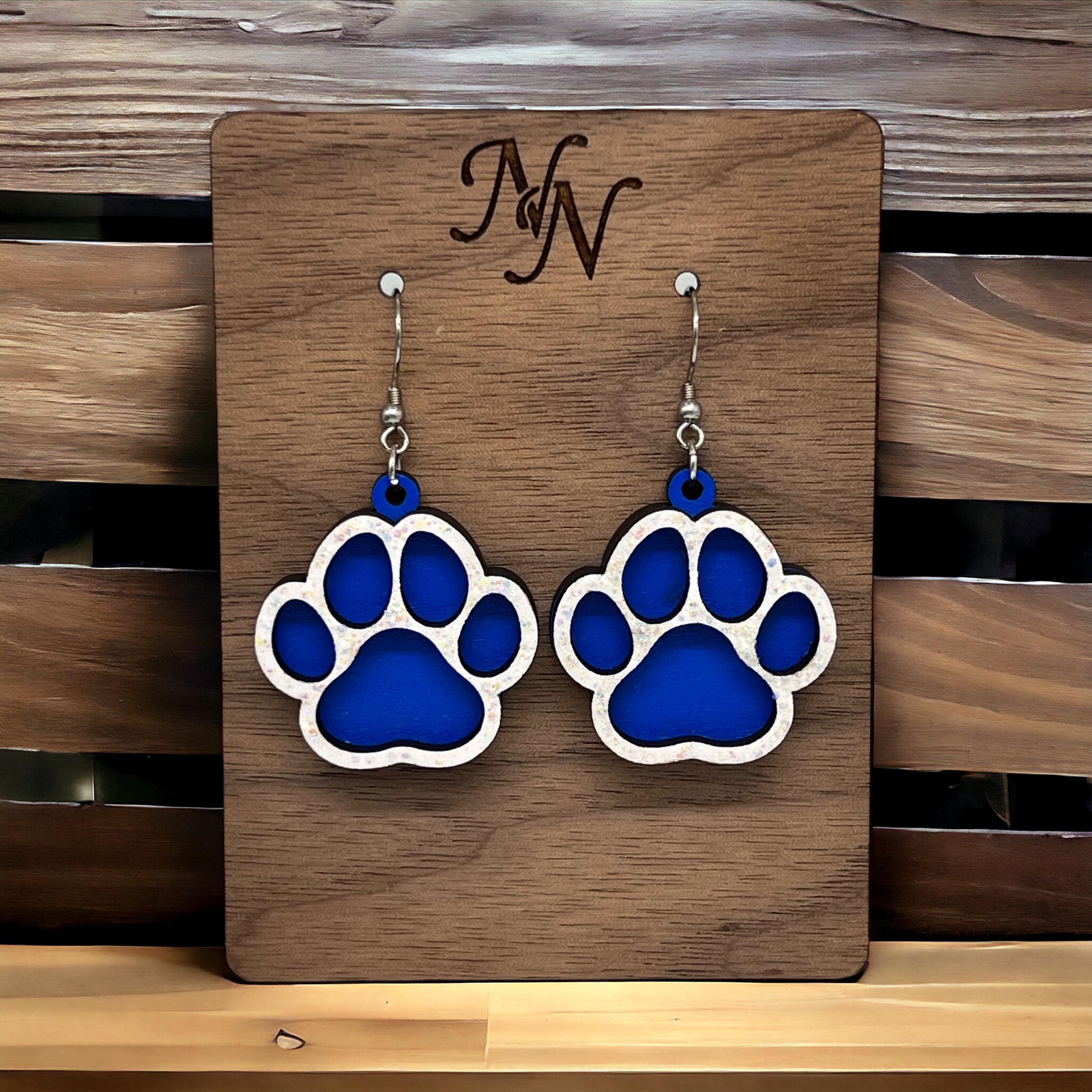 Royal Blue and White Wood Layered 3D Paw Print Earrings: Game Day Team ...