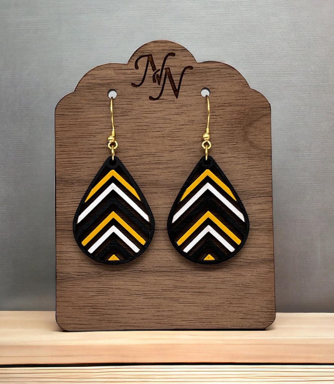 Hand Painted Chevron Teardrop Earrings: Black, Gold, White Team Spirit ...